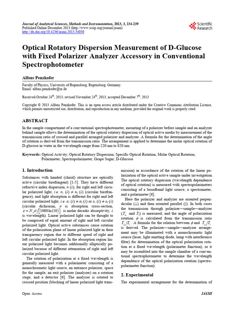Optical Rotatory Dispersion Measurement of D-Gluco | PDF | Polarization ...