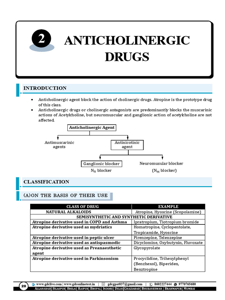 Anticholinergic Drugs | PDF | Acetylcholine | Drugs Acting On The Nervous System