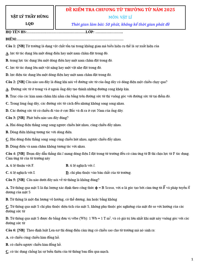 ĐA-KT-GHK-2-CHƯƠNG-TỪ-TRƯỜNG-12L1-T1 | PDF