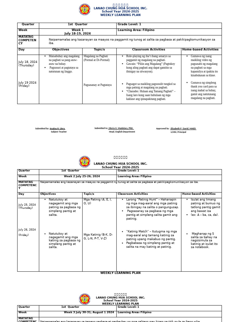 Q1 Week 1-6 Filipino Weekly Plan | PDF