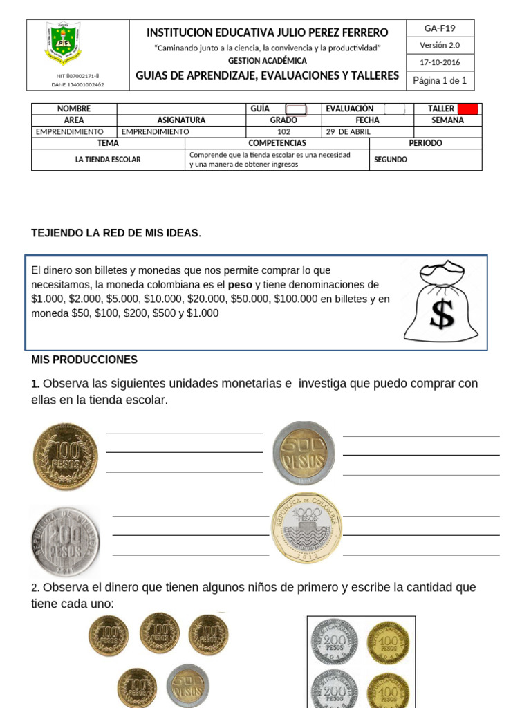 Actividades de dinero para segundo grado | PDF