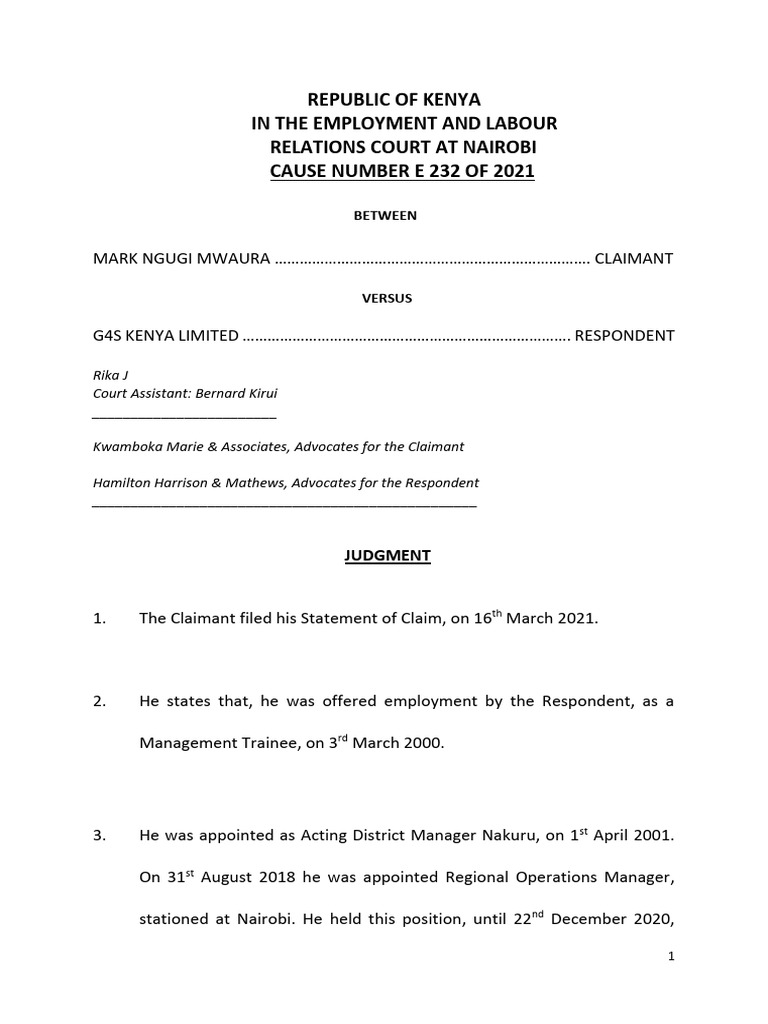 JUDGMENT CAUSE NO. E232 OF 2021 - MARK NGUGI MWAURA -VS- G4S KENYA LIMITED | PDF | Sexual ...