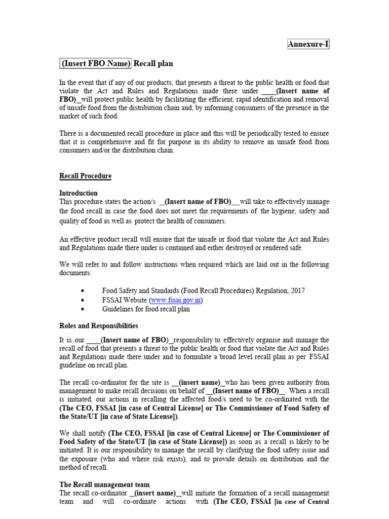 FSSAI Food Recall Management Plan | PDF | Safety
