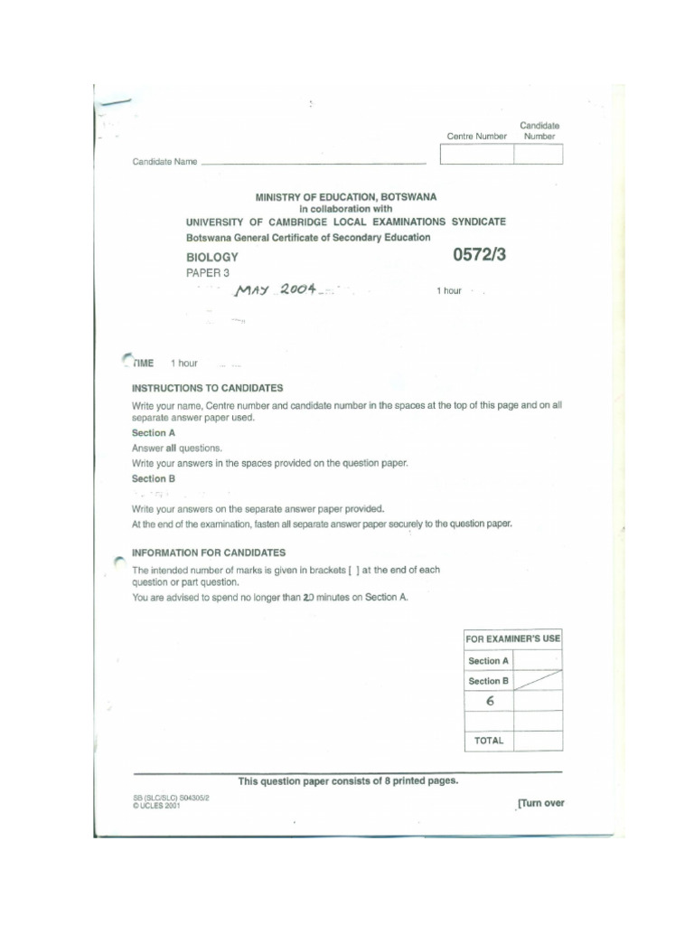 Biology Paper 3 2001 - May Test | PDF