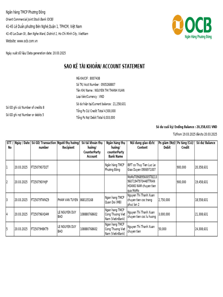 Ocb Account Statement File | PDF