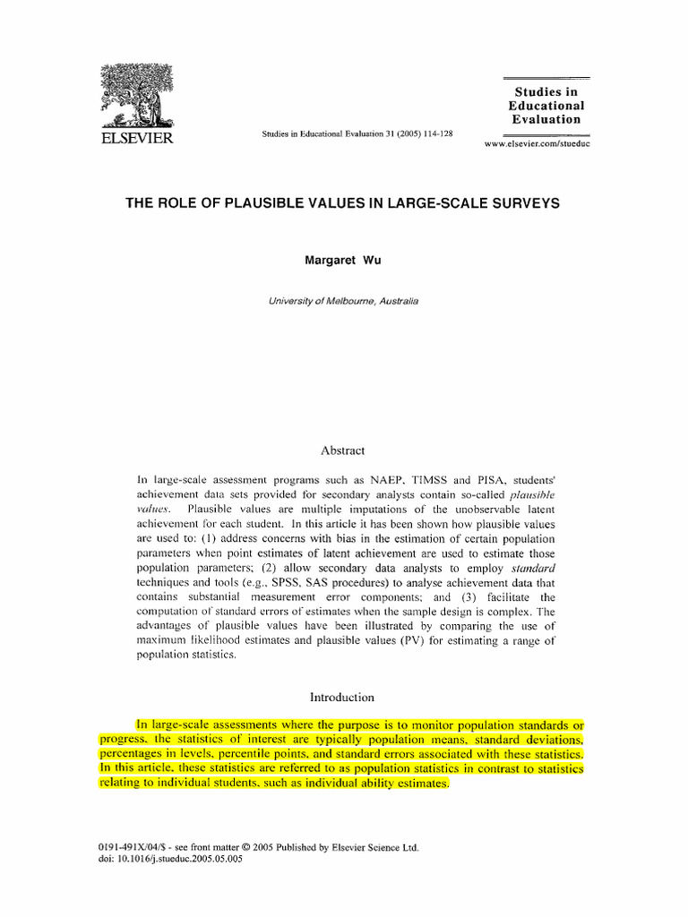 The Role of Plausible Values in Large Scale Surveys | PDF | Estimator | Statistics