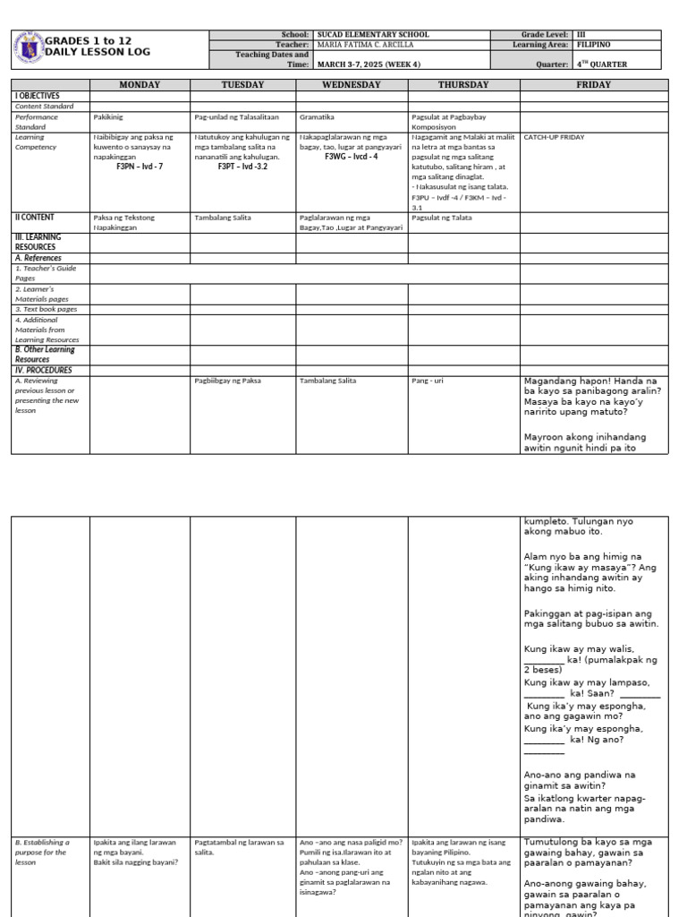 DLL - Filipino 3 - Q4 - W4 | PDF