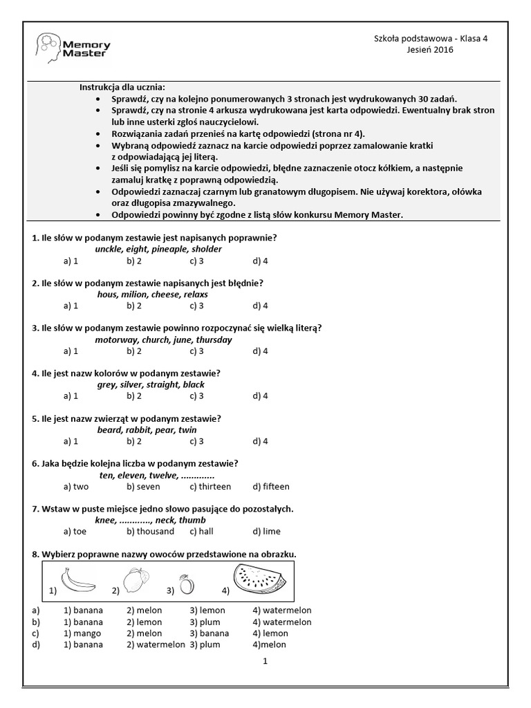 Test Memory Klasa 4 | PDF