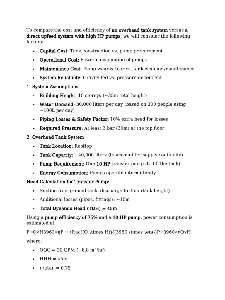 To Compare The Cost and Efficiency of An Overhead Tank System Versus A ...