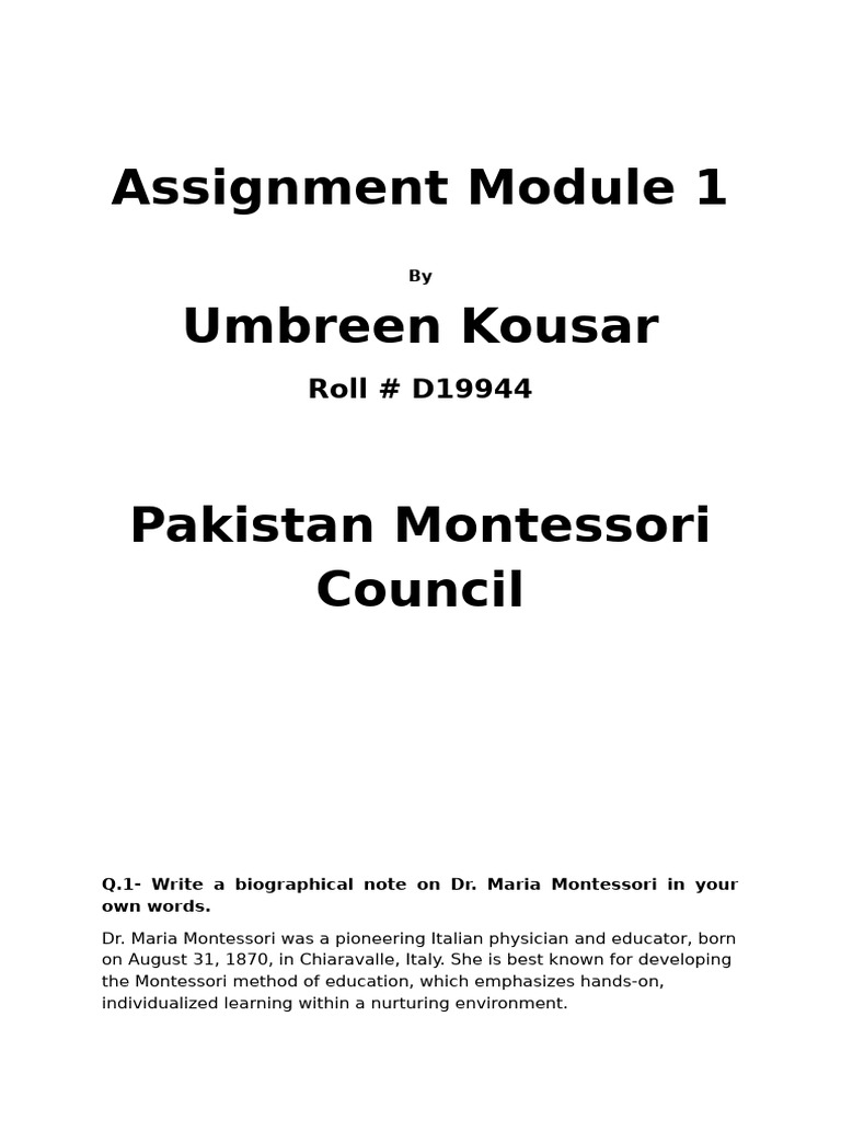 Assignment Module 1-Umbreen Kousar | PDF | Montessori Education | Learning