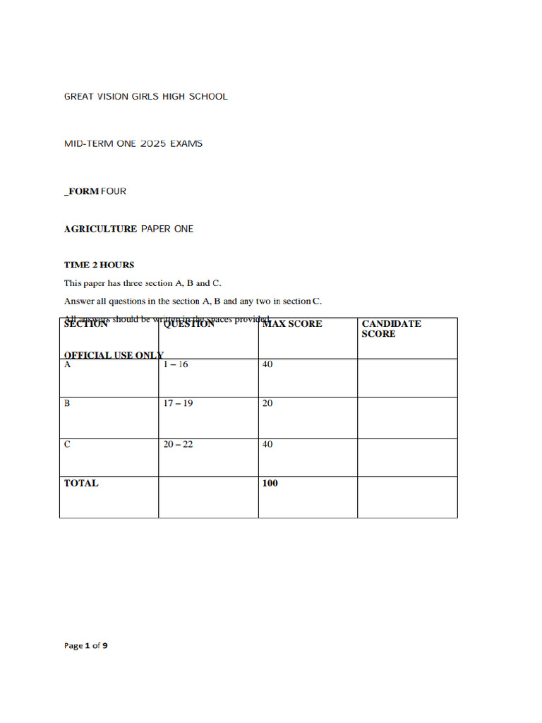 Agriculture Form Four p1 | PDF