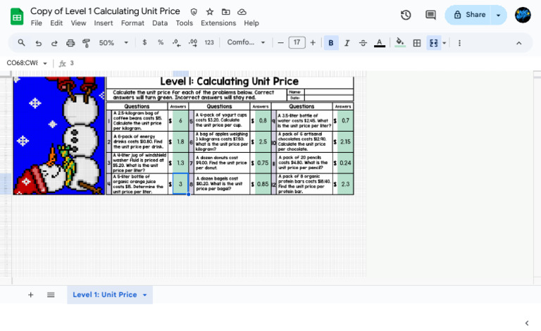 Level 1 Calculating Unit Price - Google Sheets | PDF