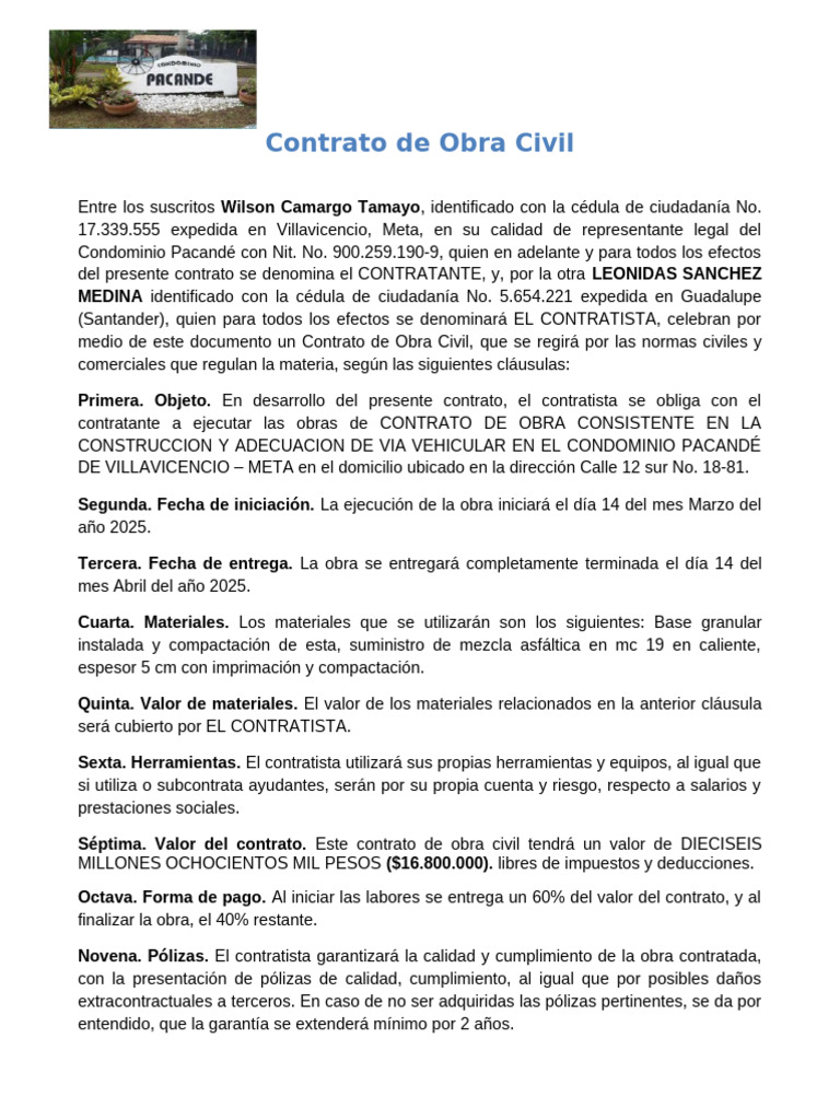 Contrato Obra Civil Vía Vehicular Leonidas Sanchez Medina | PDF ...