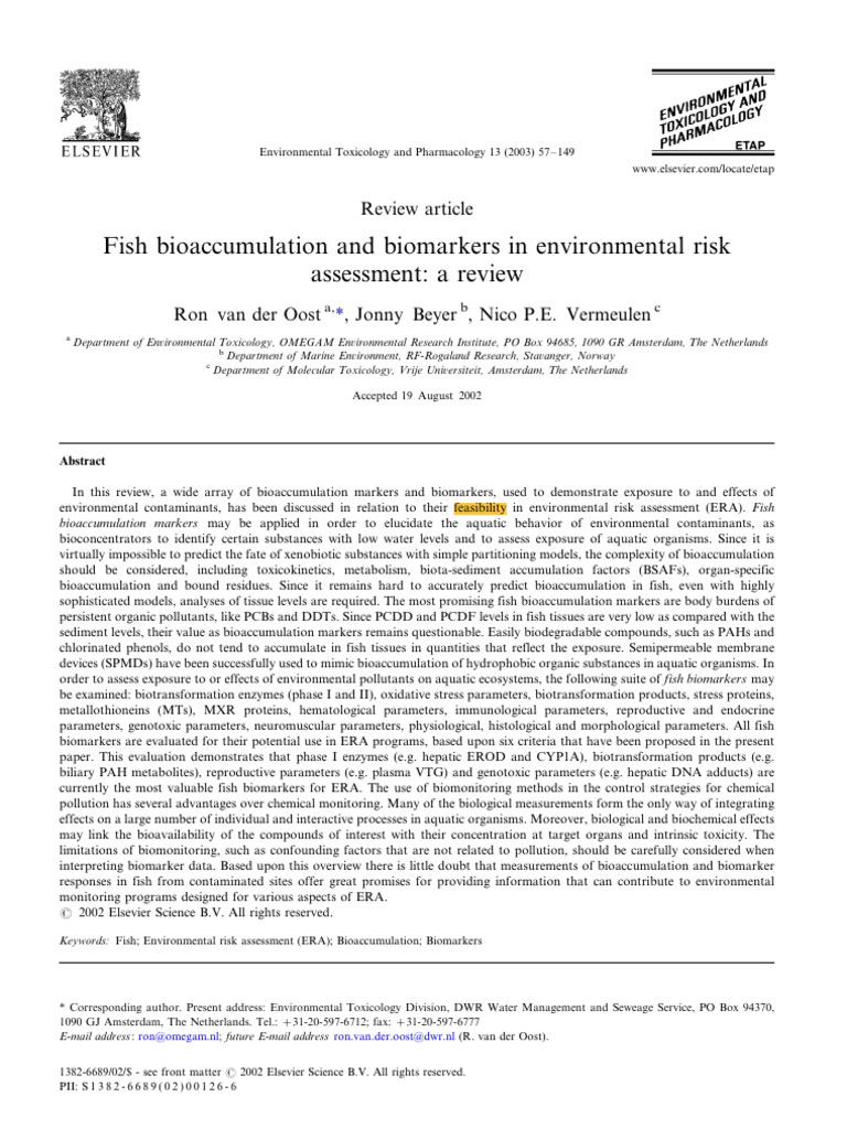 Fish Bioaccumulation and Biomarkers in Environmental Risk Assessment A ...
