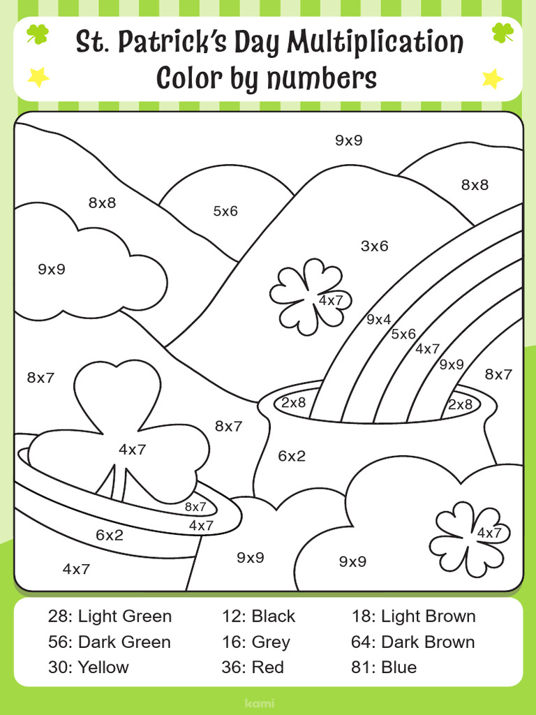 ST Patrick's Day Multiplication Color by Numbers | PDF