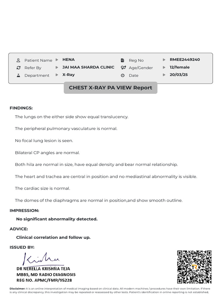 Normal Chest X-Ray Report Summary | PDF