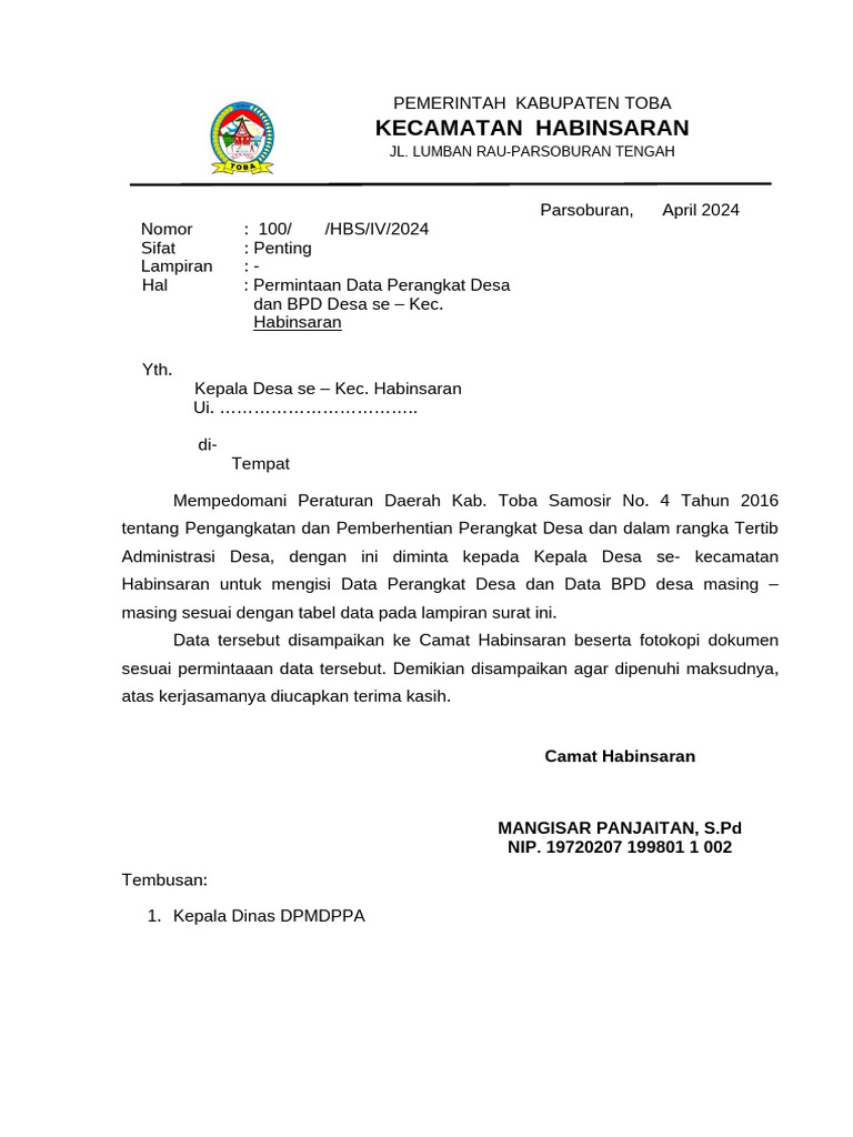 Surat Permintaan Data Perangkat Desa | PDF