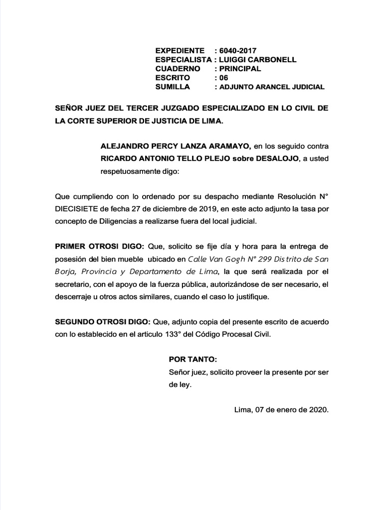 PDF Escrito Adjuntando Tasa Judicial Percy Lanza - Compress | PDF