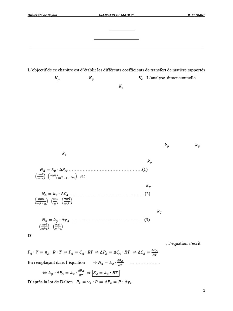 Coefficients de Transfert de Matière | PDF | Mécanique | Génie chimique