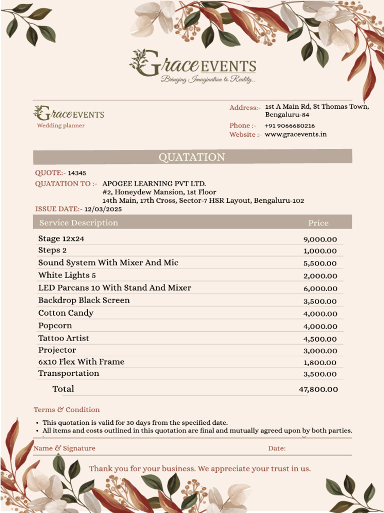 Wedding Quotation for Apogee Learning | PDF