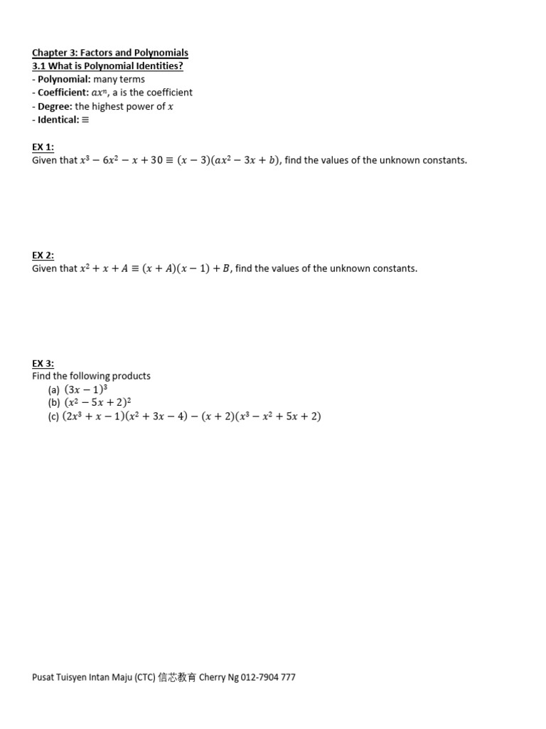 IGCSE Addmath CH 3 Factors of Polynomial | PDF | Polynomial | Mathematical Analysis