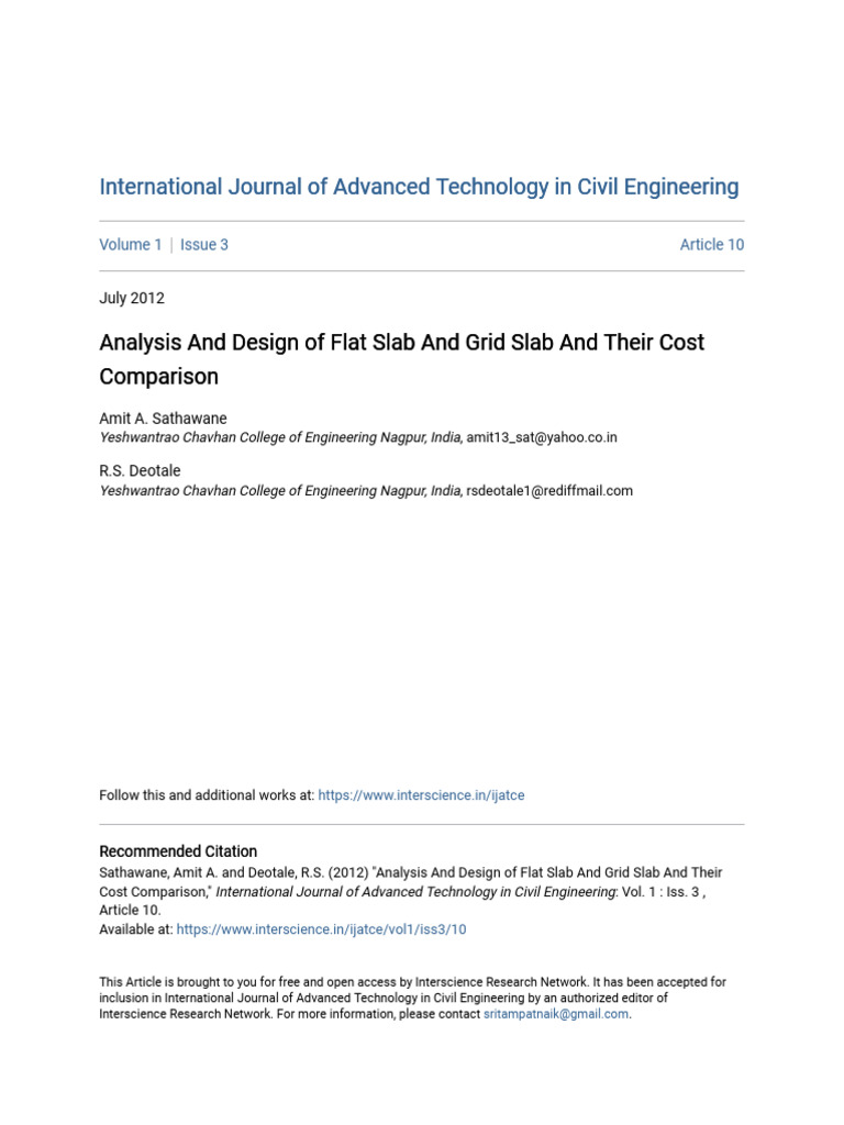 Analysis and Design of Flat Slab and Grid Slab and Their Cost Com | PDF ...