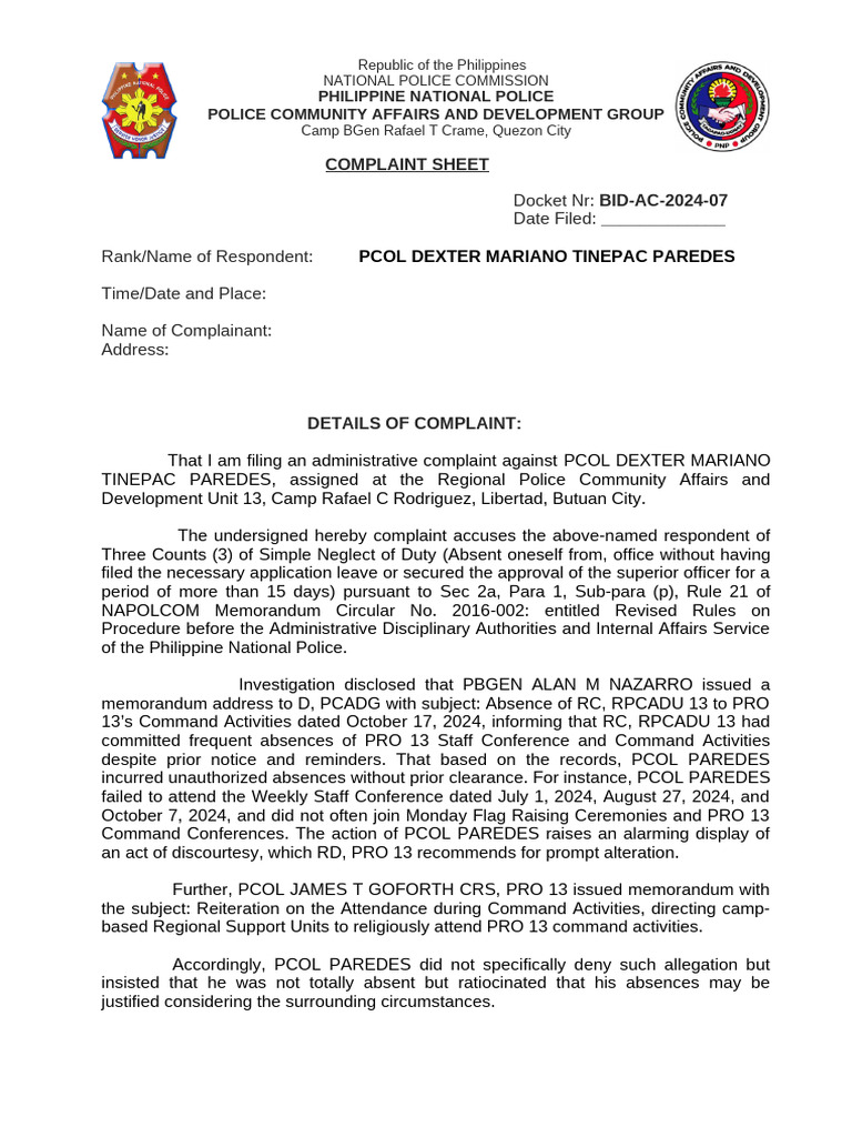 Complaint Sheet PCOL PAREDES_8a909d3a 58e6 4d21 971b 1f37bd50b921 | PDF | Public Law | Government