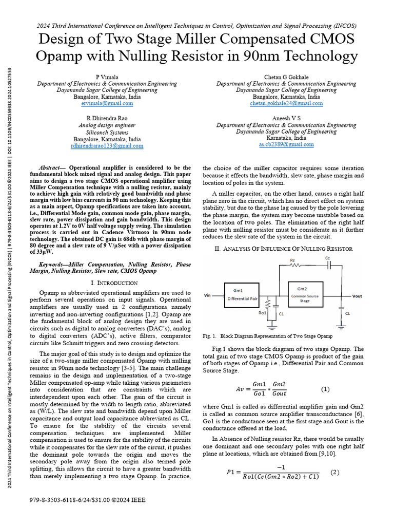 Design of Two Stage Miller Compensated CMOS Opamp With Nulling Resistor ...