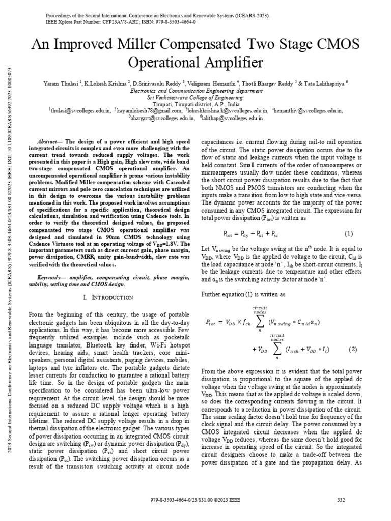 An Improved Miller Compensated Two Stage CMOS Operational Amplifier | PDF | Operational ...