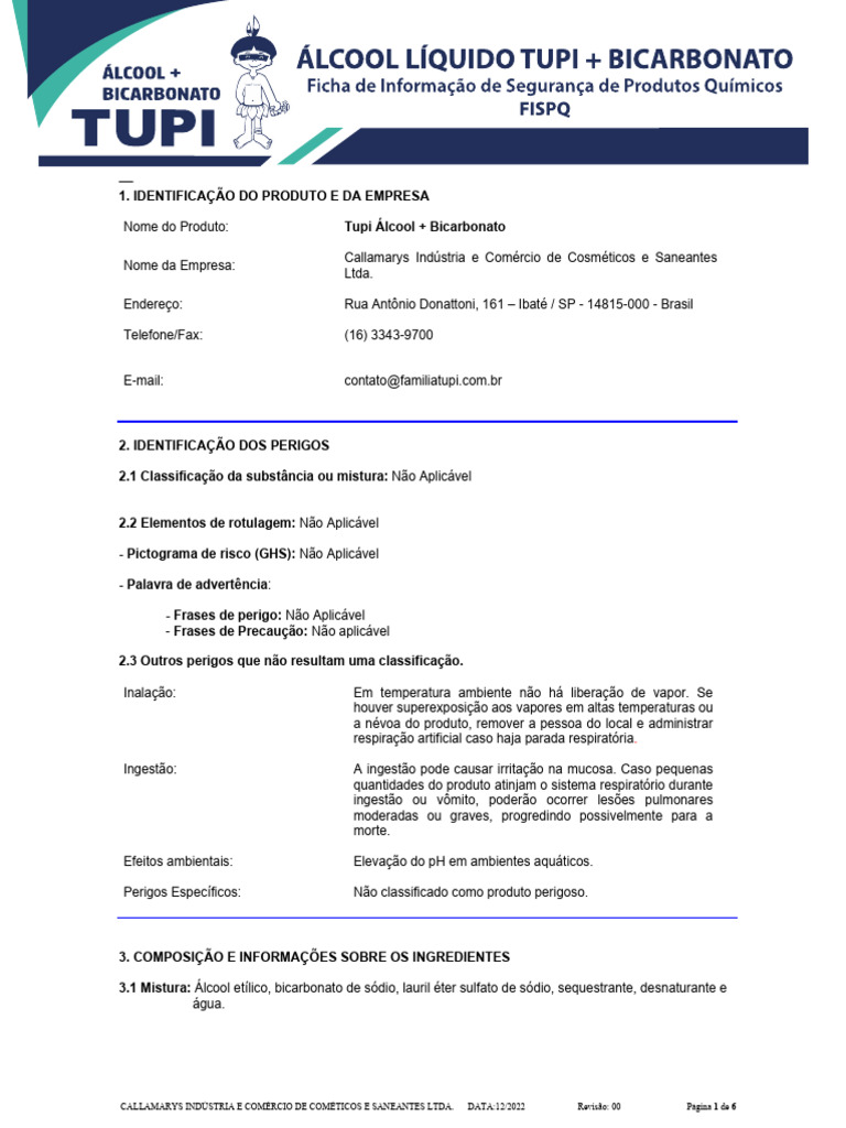 Ficha Técnica FISPQ-Alcool-Bicarbonato-Tupi | PDF | Armazém