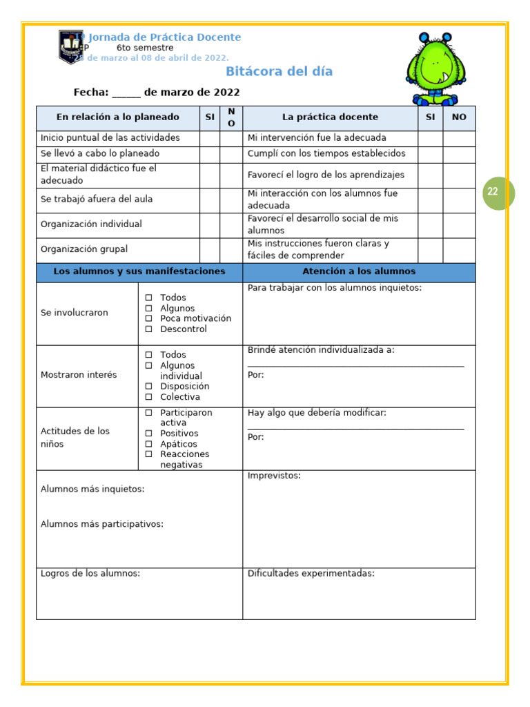 Bitácora de Práctica Docente LEP 6to Semestre | PDF | Salón de clases ...