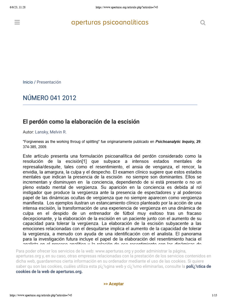 El Perdón Como Elaboración de La Escisión | PDF | Leah | Vergüenza