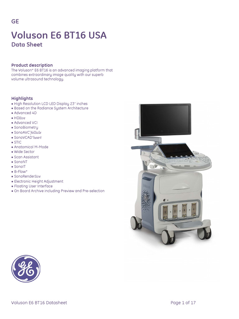GE Voluson E6 BT16 Data Sheet | PDF | Data Compression | Medical Ultrasound