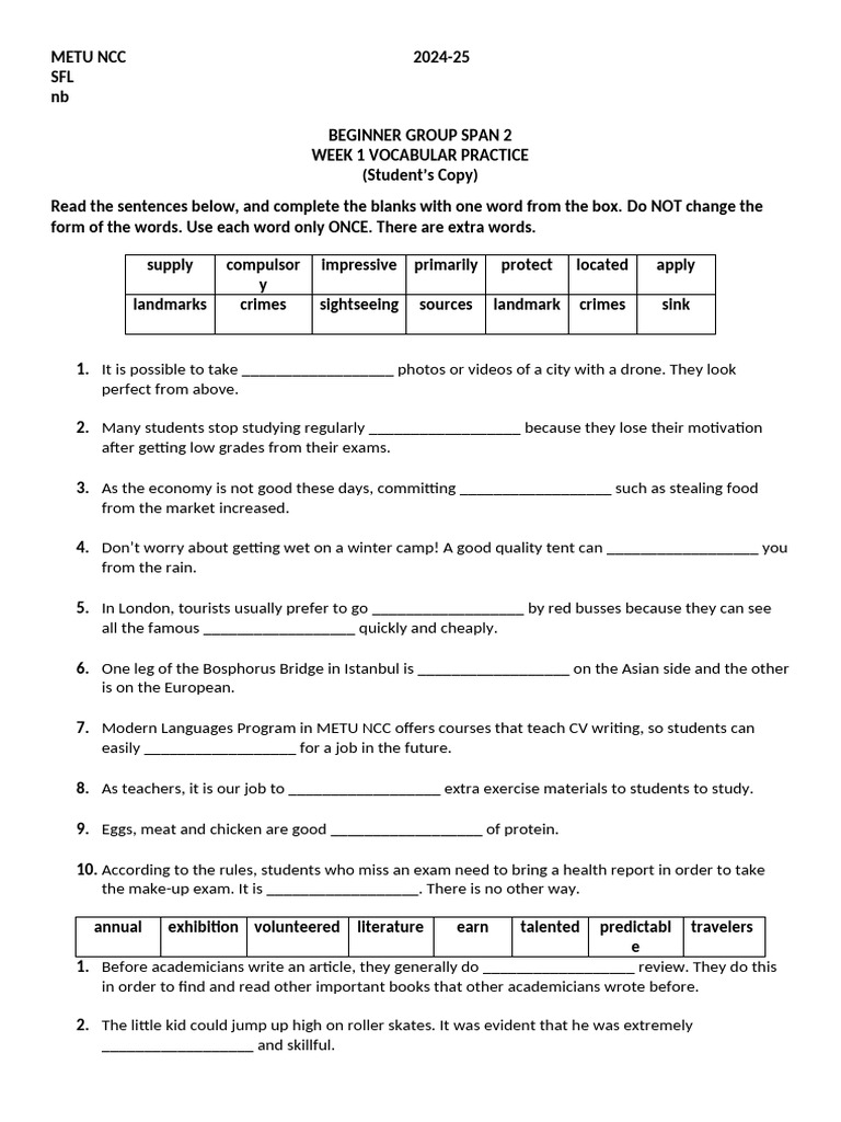 Beginner Group Week 1 Vocabulary Practice Sts. | PDF