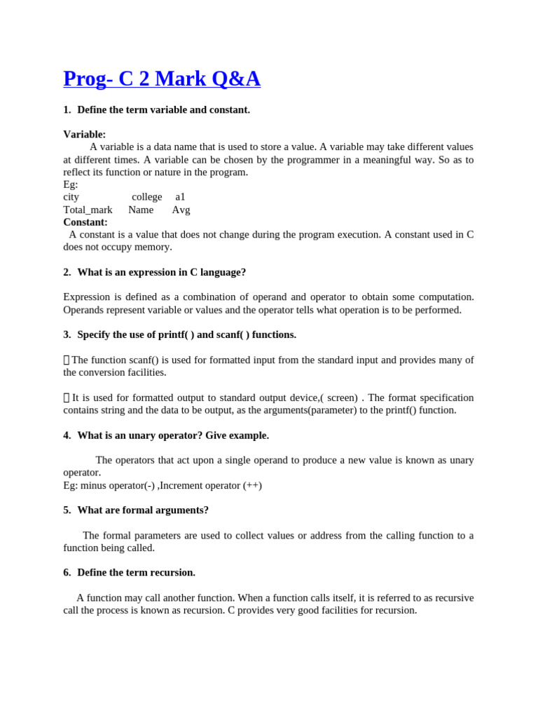 Two Marks For Cs3353 With Answer Pdf Pointer Computer Programming Parameter Computer