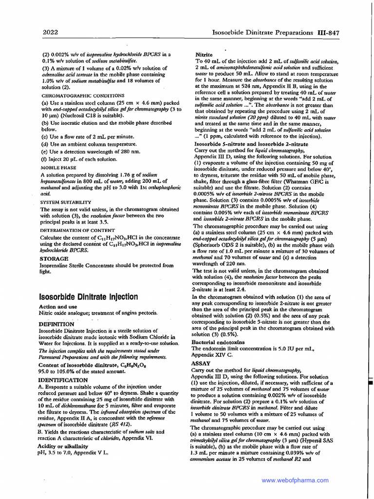 Monograph Isosorbide Dinitrate Injection | PDF