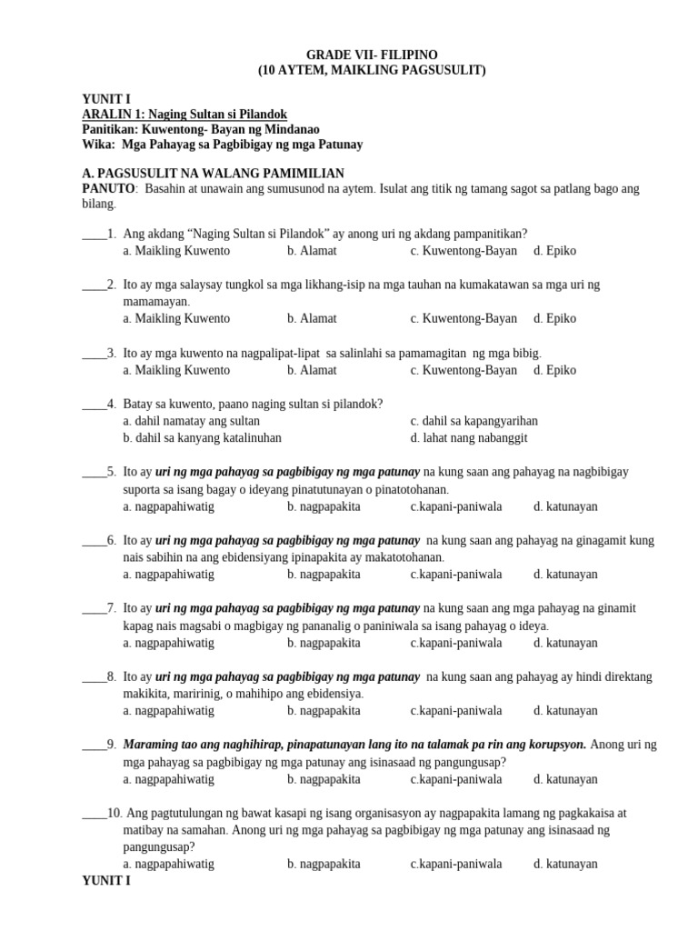 GRADE VII ( Maikling Pagsusulit-10) Final | PDF