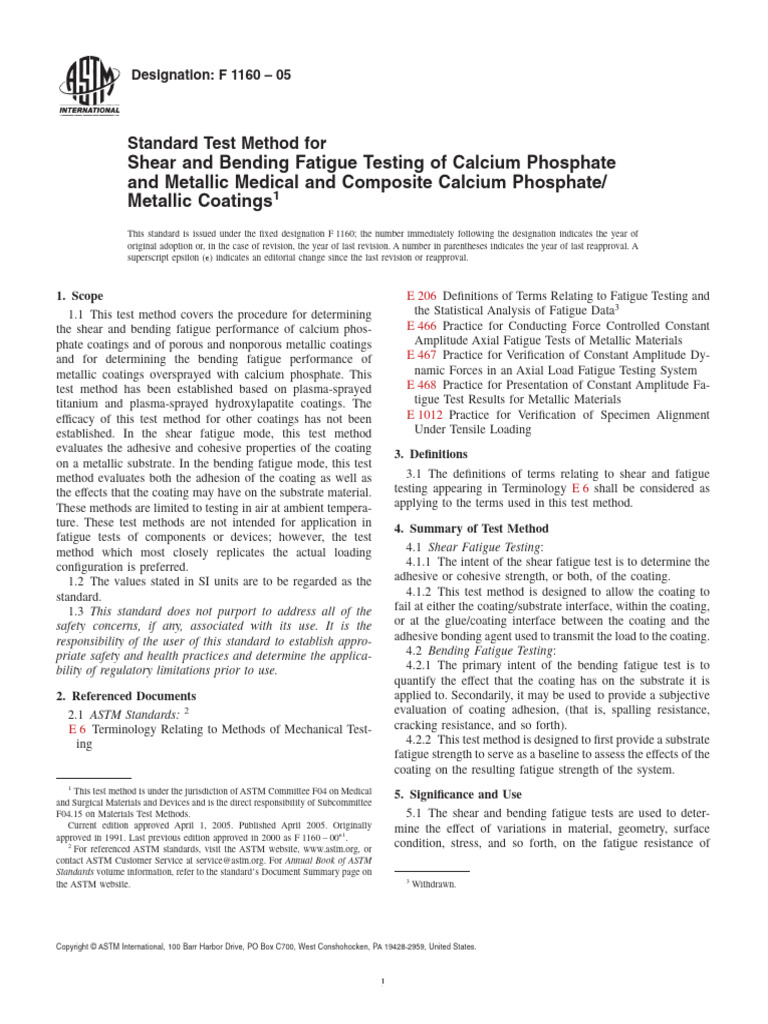 ASTM F1160 - Standard Test Method For Shear and Bending Fatigue Testing ...