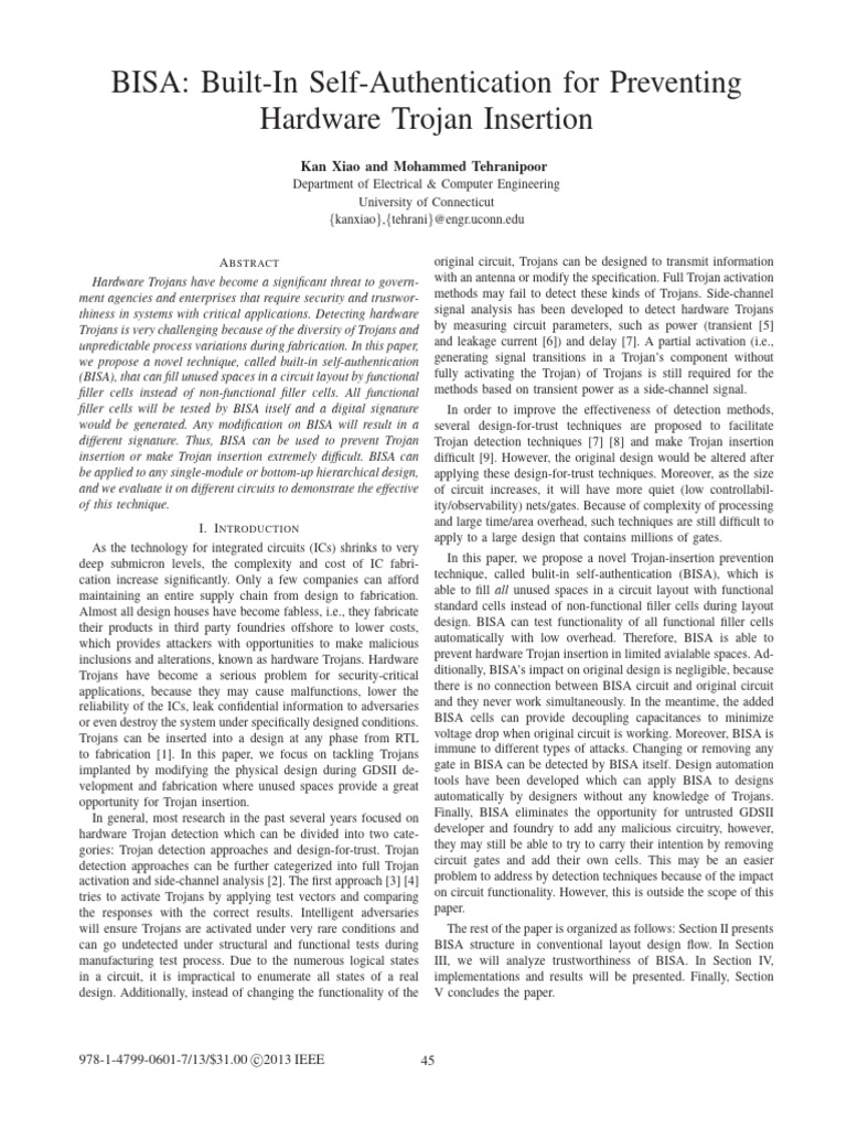 BISA Built-In Self-Authentication For Preventing Hardware Trojan Insertion | PDF | System On A ...