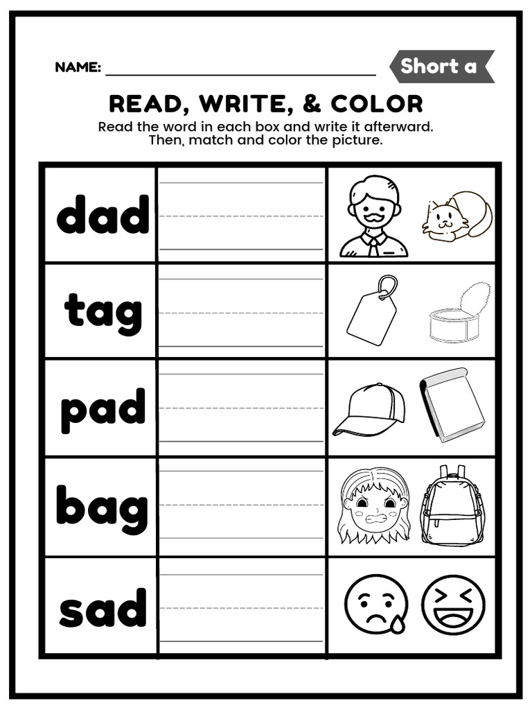 Read, Write, and Color Short A CVC Words Worksheet | PDF