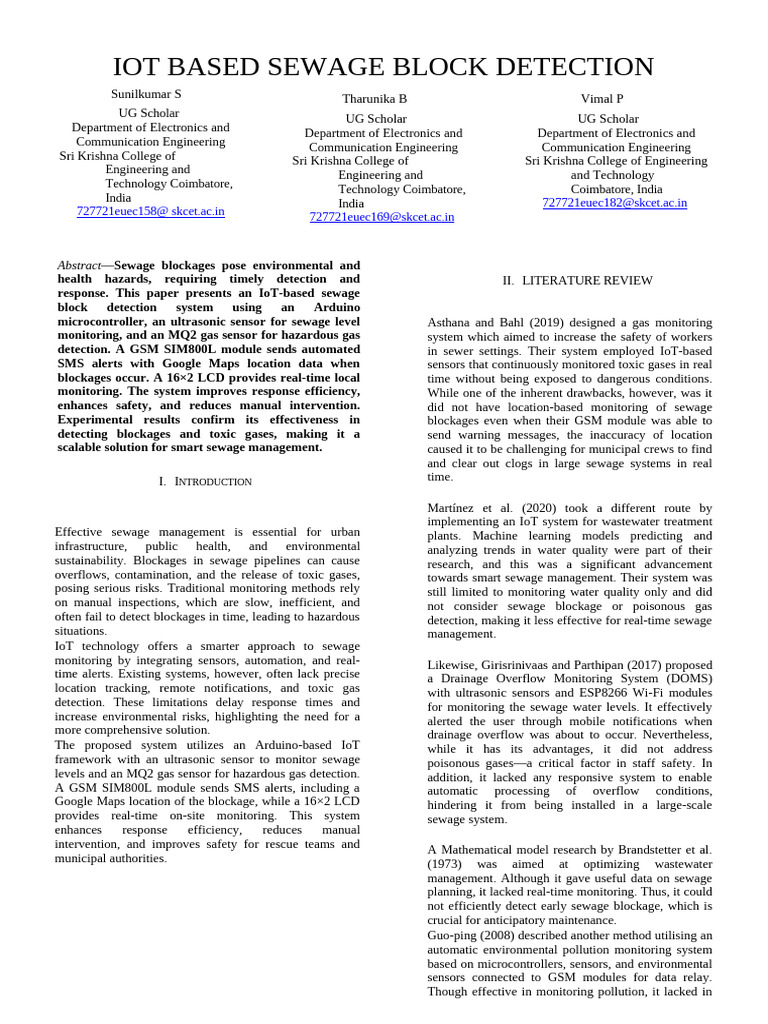 New Iot Based Sewage Block Detection Paper 1 2 Pdf Internet Of Things Automation