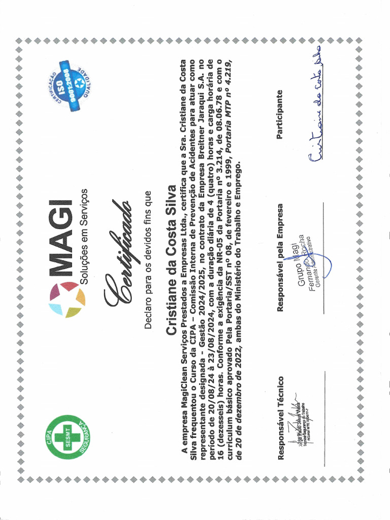 Documento Certificado Da Cipa | PDF