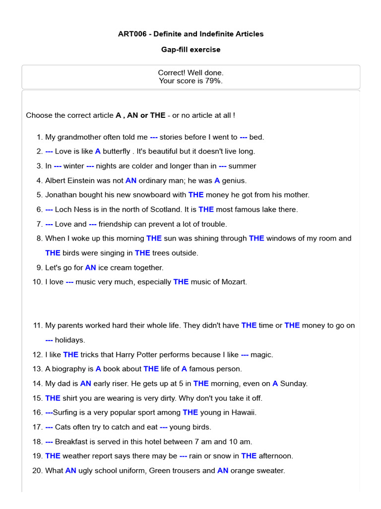 ART006 - Definite and Indefinite Articles - English Grammar Exercises | PDF