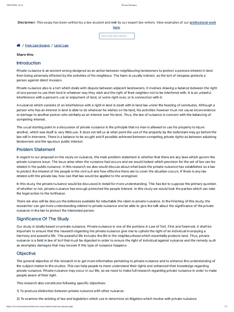 Private Nuisance - Law Teacher | PDF | Nuisance | Tort