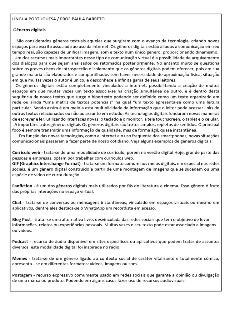 Interpretação - Gêneros Digitais | PDF | Internet | Vídeo