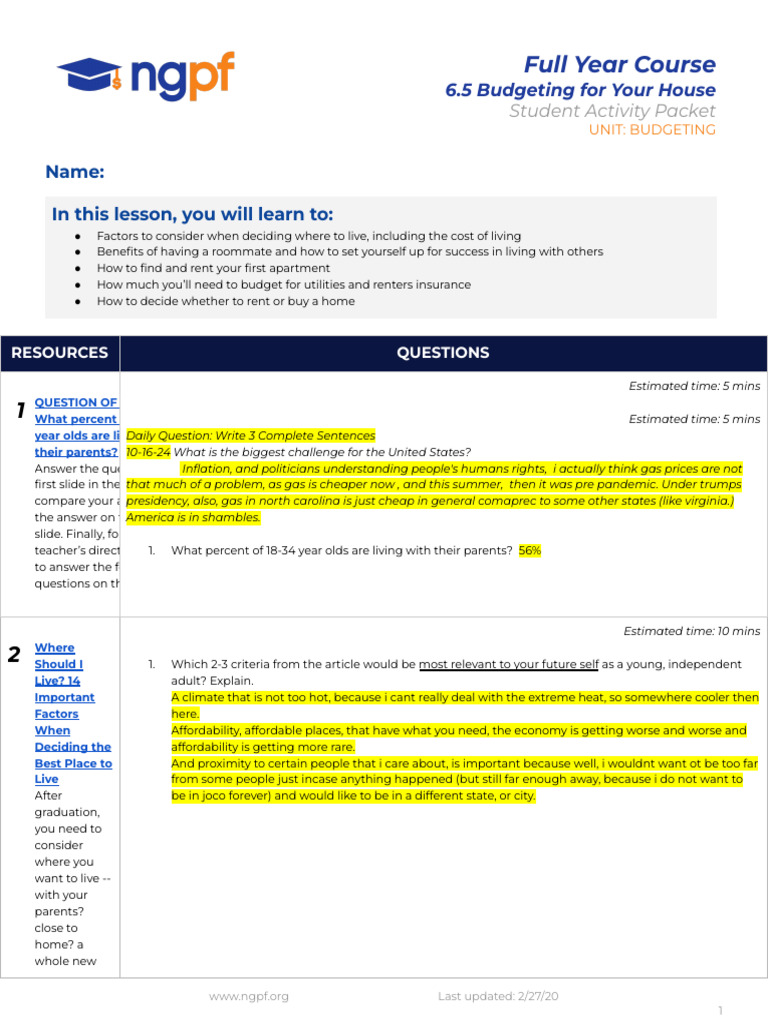 Budgeting For Your Home - Student Activity Sheet | PDF | Cost Of Living ...