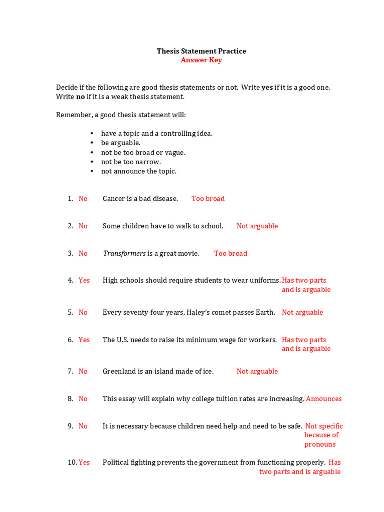 Thesis Statement Practice Key | PDF