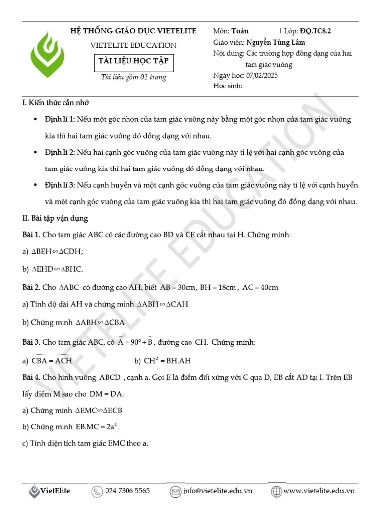 ĐQ - TC8.2 Các Trư NG H P Đ NG D NG C A Hai Tam Giác Vuông 07.02 | PDF