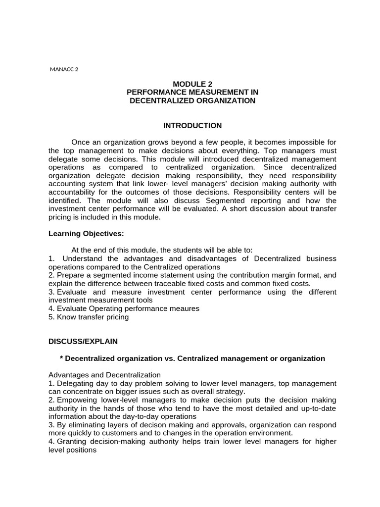 MANACC430.Module 2 Performance Merasurement | PDF | Decision Making | Pricing