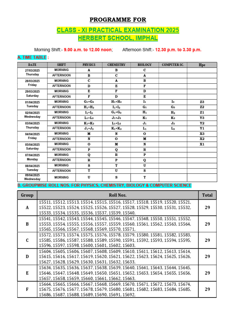 Time Table For Class XI Practical Exam (Council) | PDF | Classes Of Computers